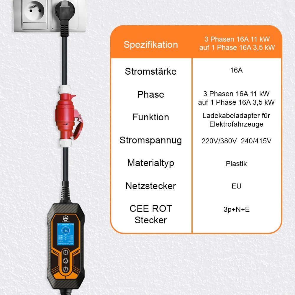 Tragbares EV Ladegerät Typ2 16A CEE-Stecker